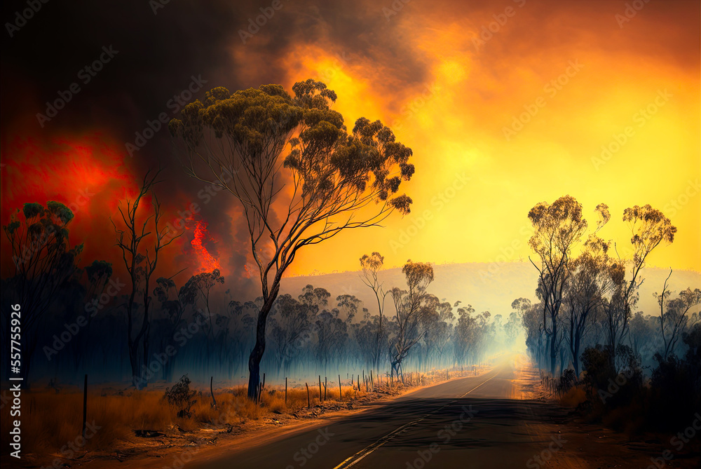 Wildfire in the Australian outback, road. Generative AI Stock ...