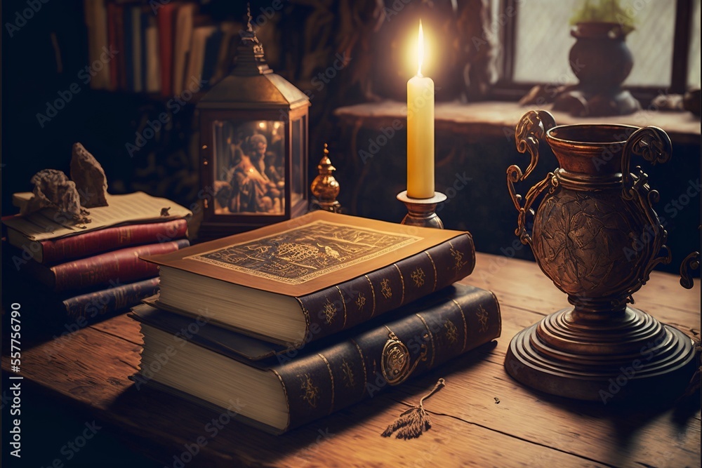 Fantasy laboratory mockup in a library interior rpg rolaplay setting ...