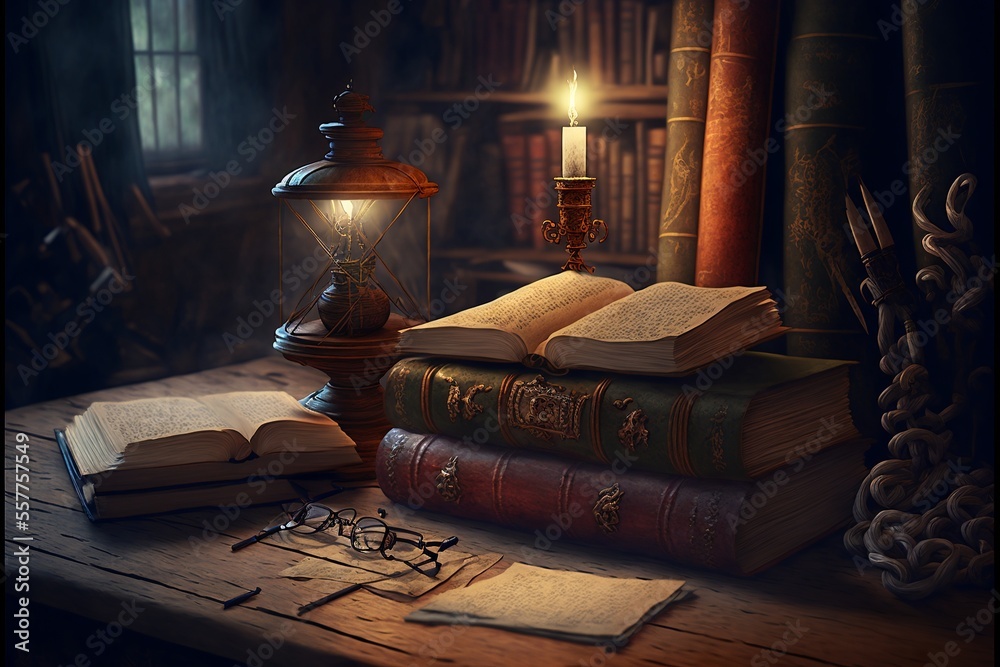 Fantasy study in library with old leather books with broken glass and ...