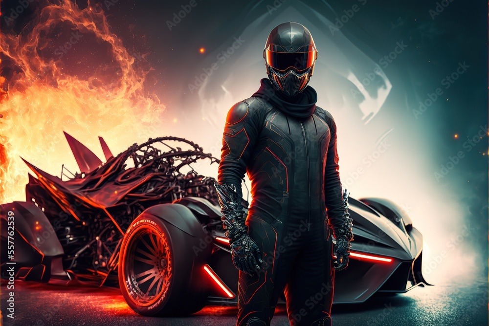 Leather suited sports car driver with helmet stands in front of hyper ...