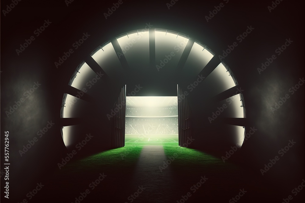 Stadium tunnel leading to soccer field. Players, athletes entrance to ...