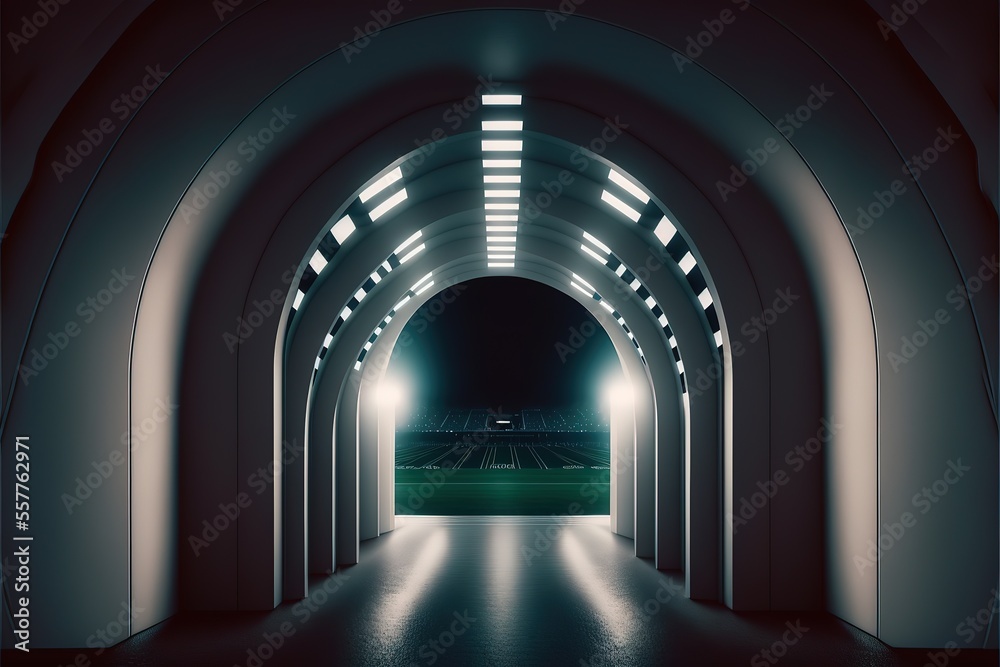 Stadium tunnel leading to soccer field. Players, athletes entrance to ...