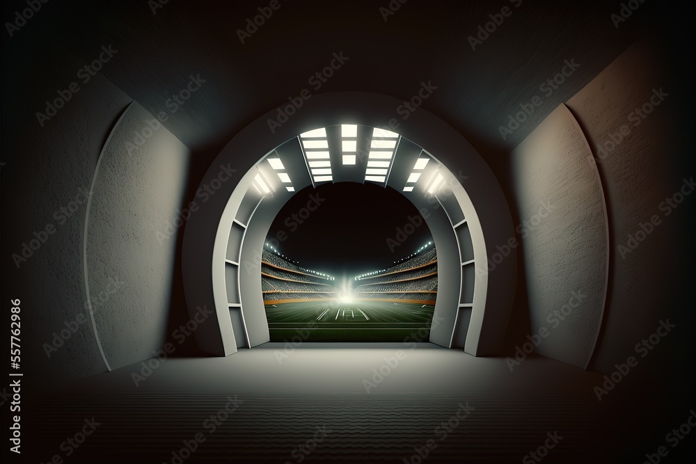 Stadium tunnel leading to soccer field. Players, athletes entrance to ...