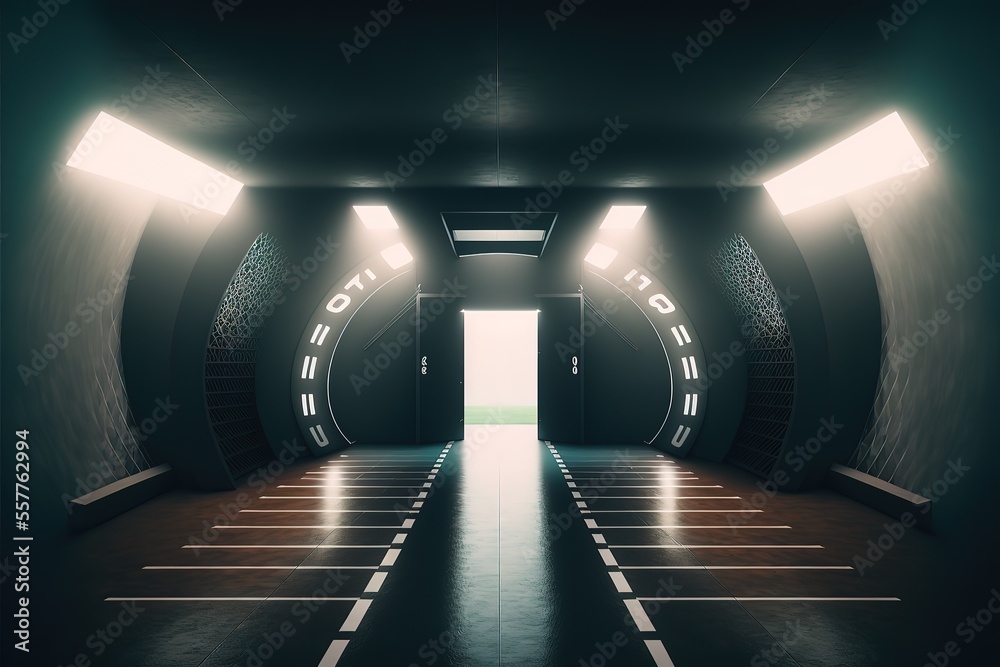 Stadium tunnel leading to soccer field. Players, athletes entrance to ...