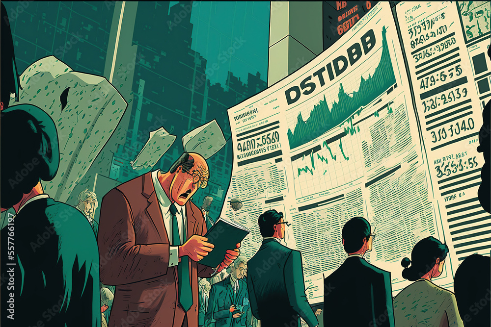 Worried traders, news page showing stock market crash cartoon ...