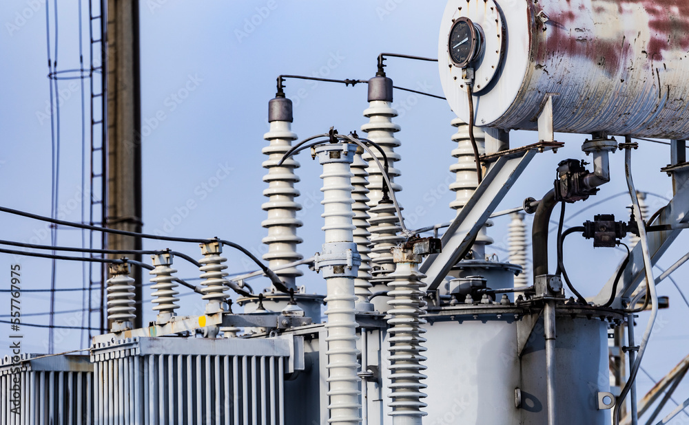 High voltage vintage electrical substation in Ukraine in winter. Wiring ...