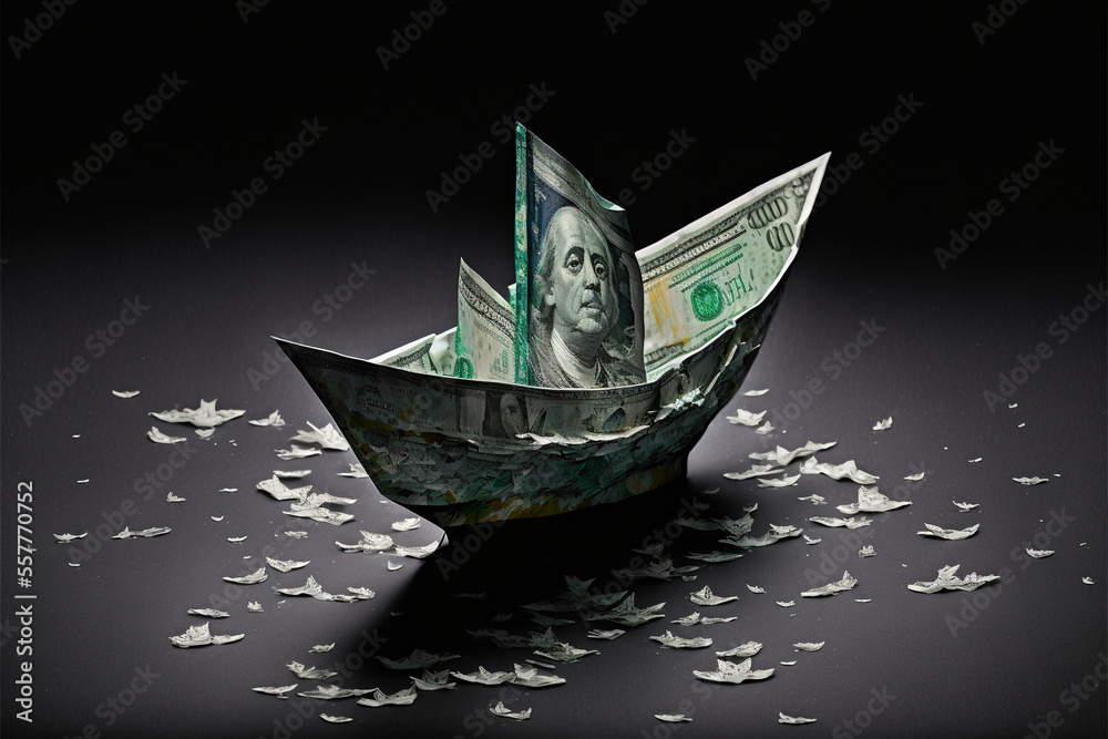 Boat made of dollar banknotes, floating on water. Representing adrift ...
