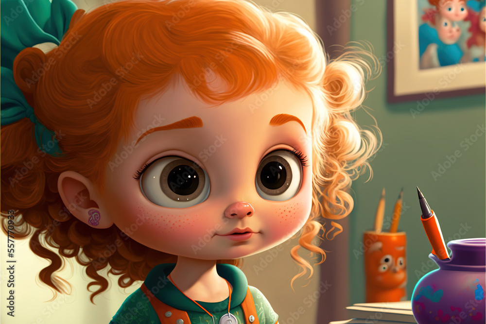 Cute cartoon little girl character with ginger curly hair and brown ...
