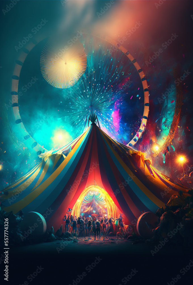 galaxy themed giant colorful carnival tent at night made by Generative ...
