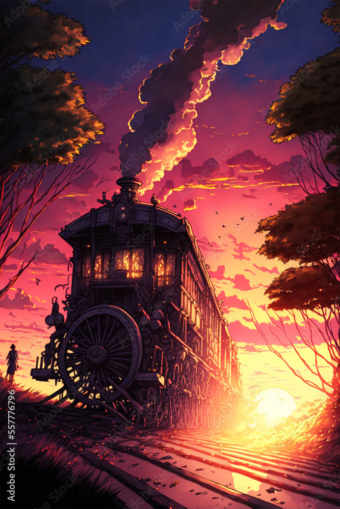 Fantastic Anime Sunset Locomotive Stock Illustration | Adobe Stock