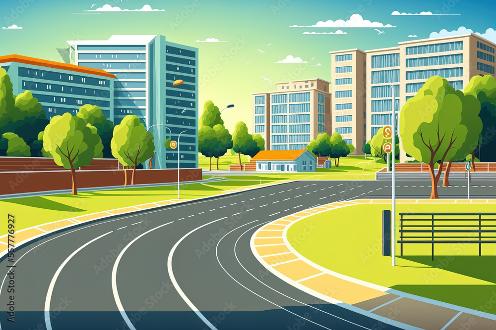 A contemporary city street with a sports complex that includes a ...