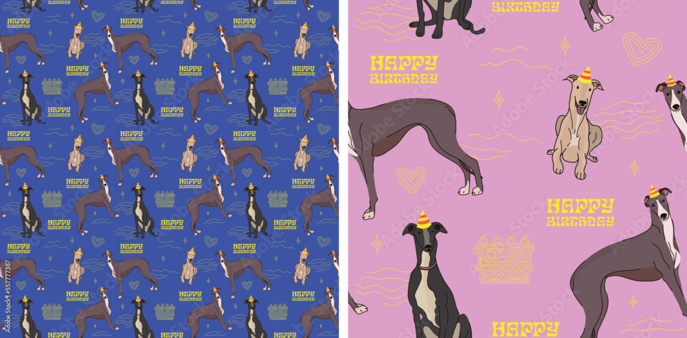 Happy Birthday Pattern with Greyhound dog in a party hat, seamless ...