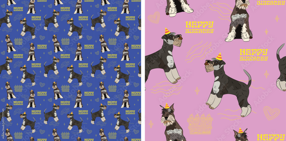 Happy Birthday Pattern with Miniature Schnauzer dog in a party hat ...