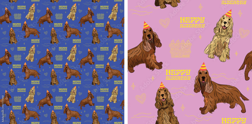 Happy Birthday Pattern with cocker Spaniel dog in a party hat, seamless ...
