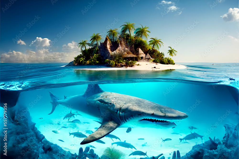 Small tropical island in the middle of the ocean with palm trees and ...