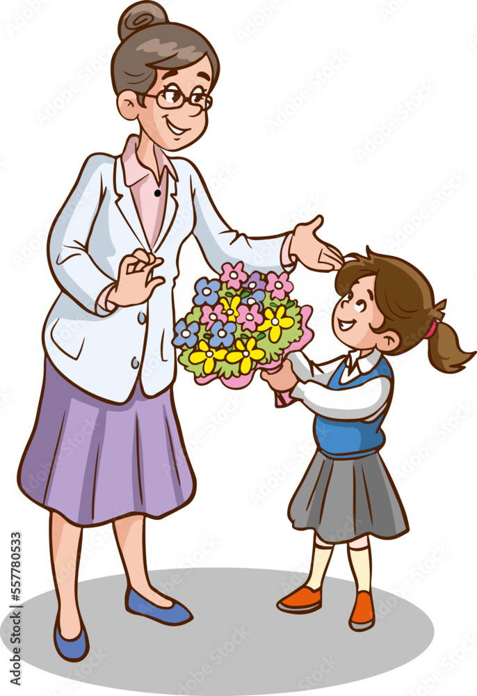 cute little schoolgirl giving flowers to her teacher cartoon vector ...