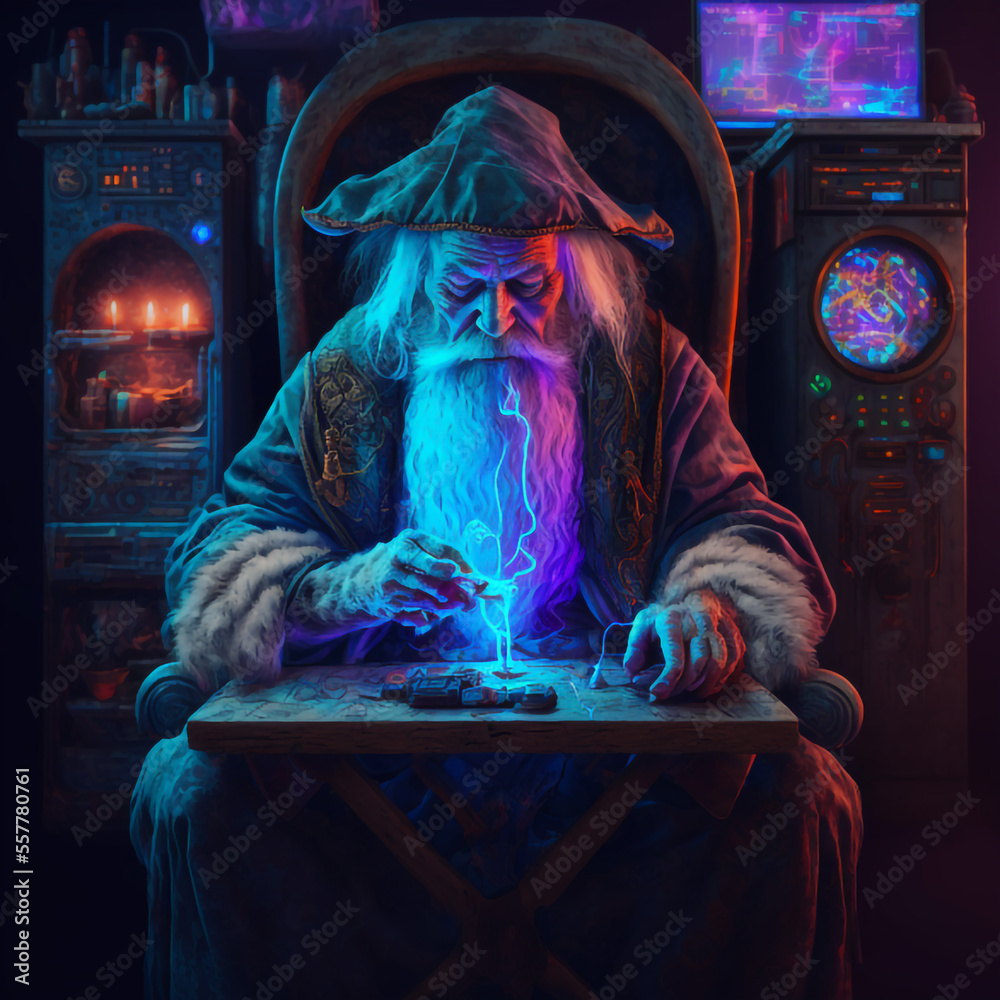 WIZARD NEON GAMING ART, MAGE Stock Illustration | Adobe Stock