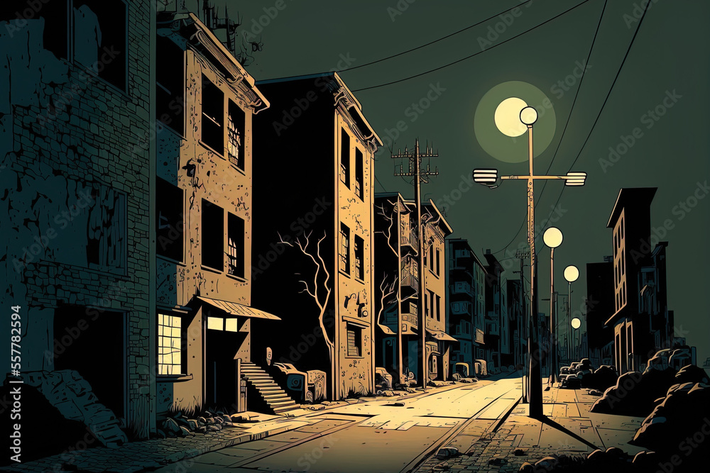 Ghetto street at night, dilapidated dwellings in the slum, and aging ...
