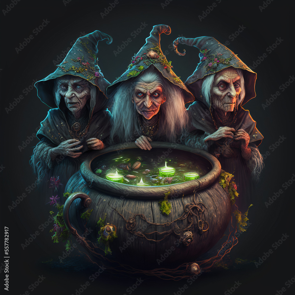 3 Witches Around Cauldron