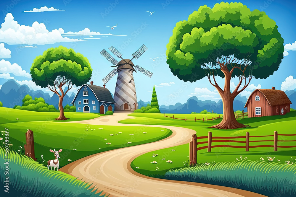 Cartoon natural scene with a farm and a gravel road. Generative AI ...