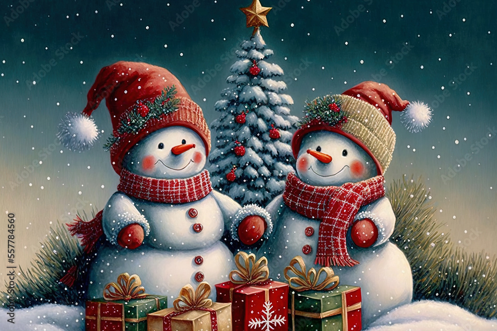 Christmas snowmen with gifts are seated beneath a tree and wearing red ...