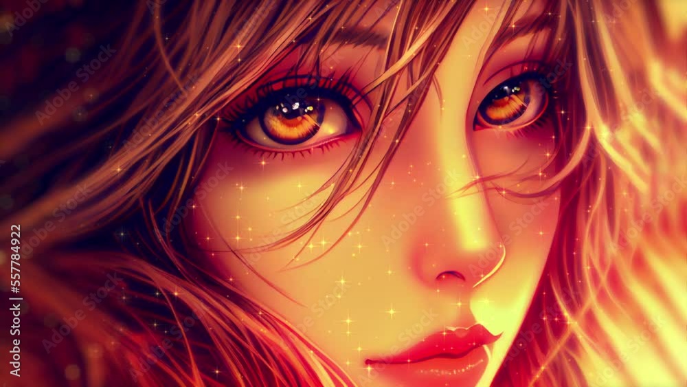 Beautiful anime girl's face studded with golden glittering particles ...