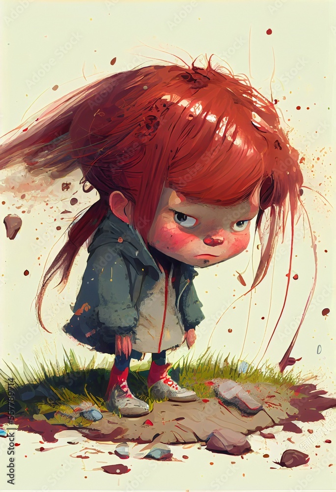 Little girl with red hair standing in the mud cartoon illustration ...