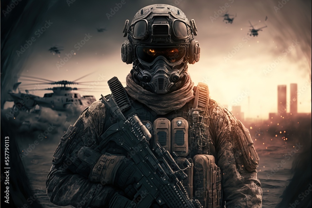 Realistic digital illustration of an elite soldier on the background of ...