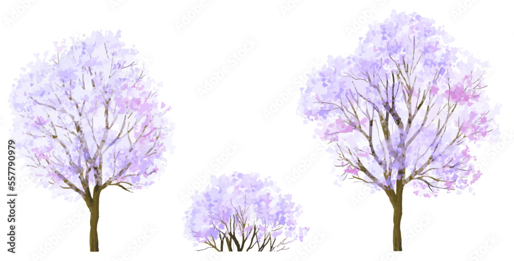 Vector watercolor blooming flower tree side view isolated on white ...