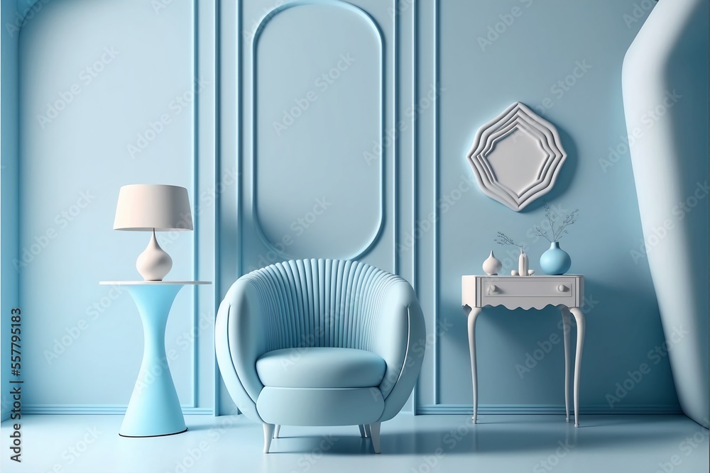 Interior of the room in pastel blue luxury color with furnitures and ...
