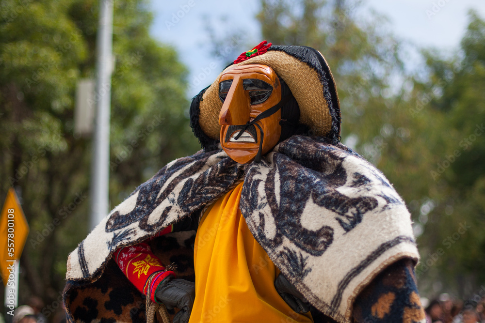 Folkloric dancers dancing the "Huaconada", a typical dance of central ...