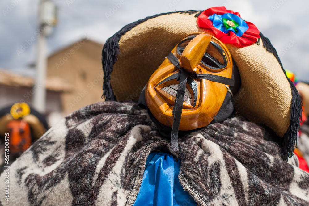 Folkloric dancers dancing the "Huaconada", a typical dance of central ...