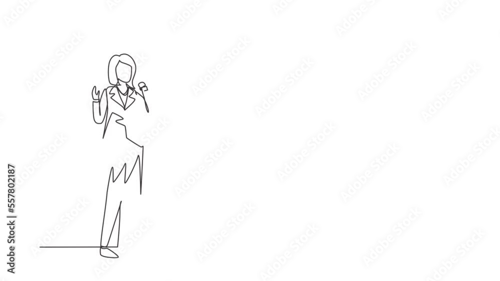 Self drawing animation of single line draw journalist woman. Beautiful ...