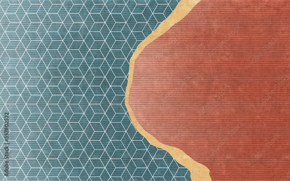 Abstract orange geometric color block and gold line art pattern, carpet ...