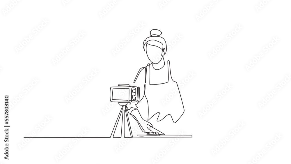 Animated self drawing of continuous line draw food blogger. Chef ...