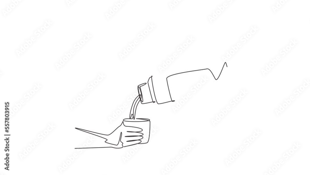 Animated self drawing of continuous line draw girl pouring tea in ...