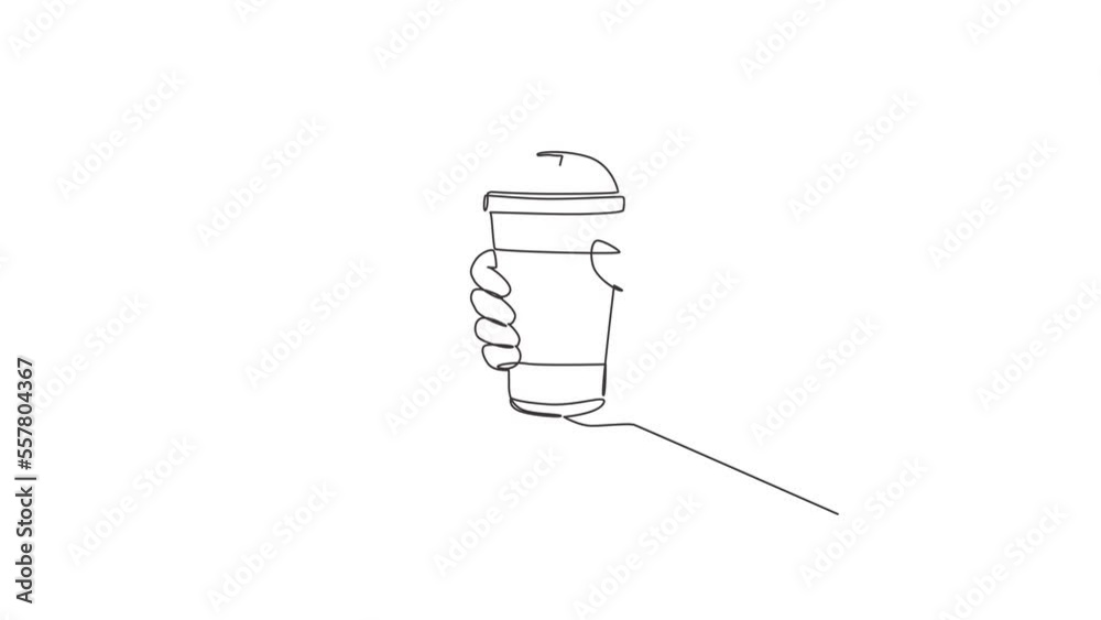 Animated self drawing of continuous line draw hand holding bubble tea ...