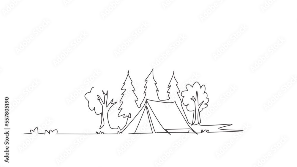 Self drawing animation of single line draw camping day and sunset ...