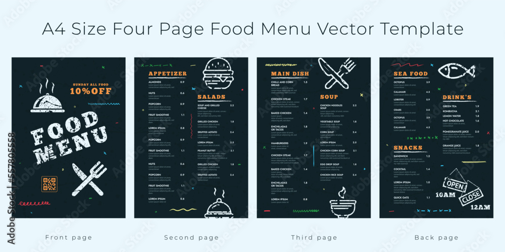 Restaurant cafe menu, template design, A4 Size, Four page food menu ...