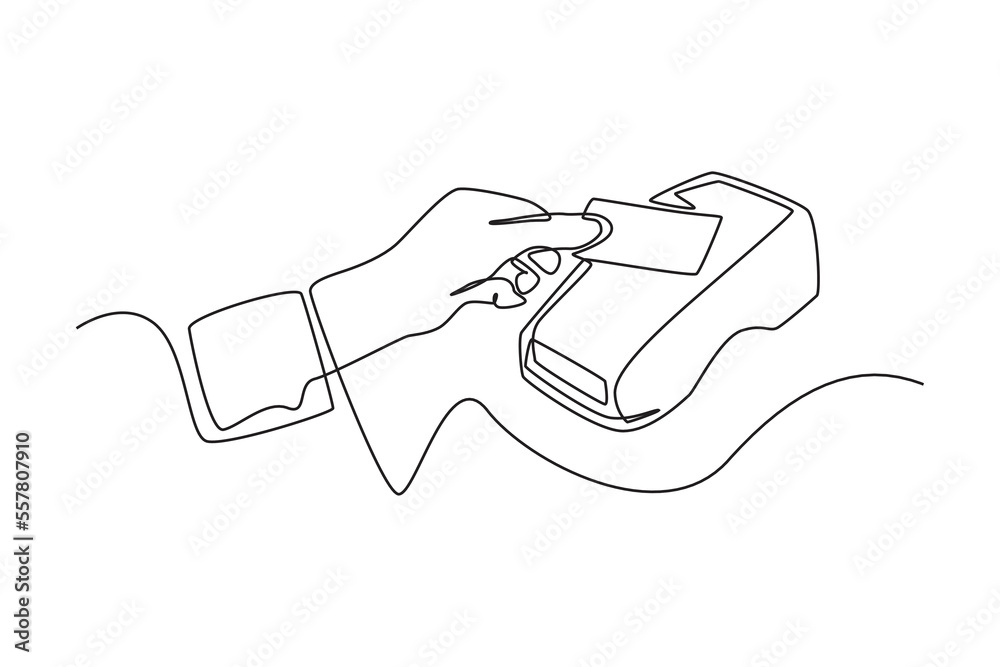 Single one line drawing hand using a credit or debit card for ...