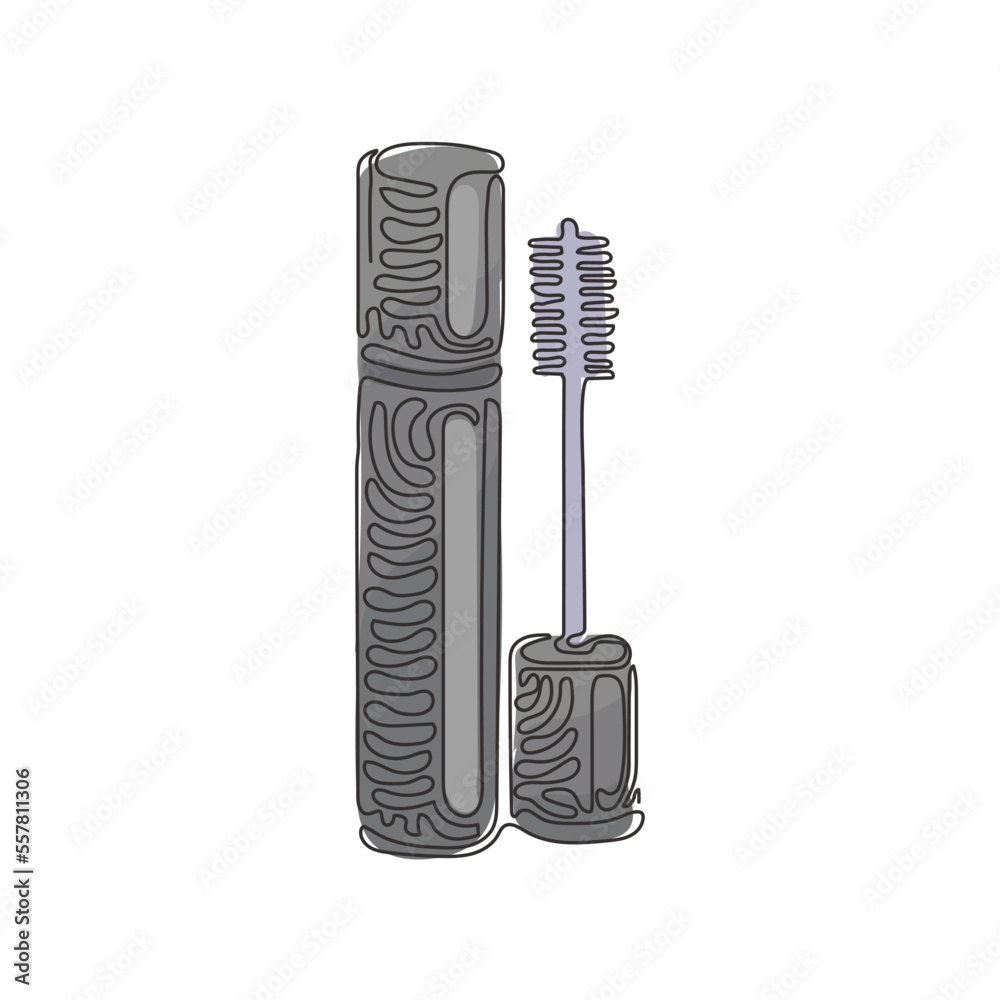 Continuous one line drawing black mascara bottle. Brush and mascara ...
