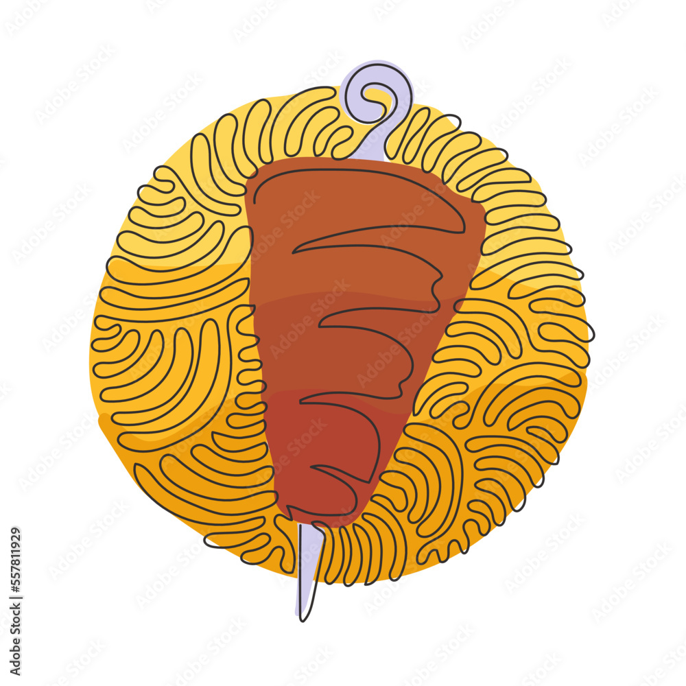Single continuous line drawing doner kebab on pole. Arabic cuisine fast ...