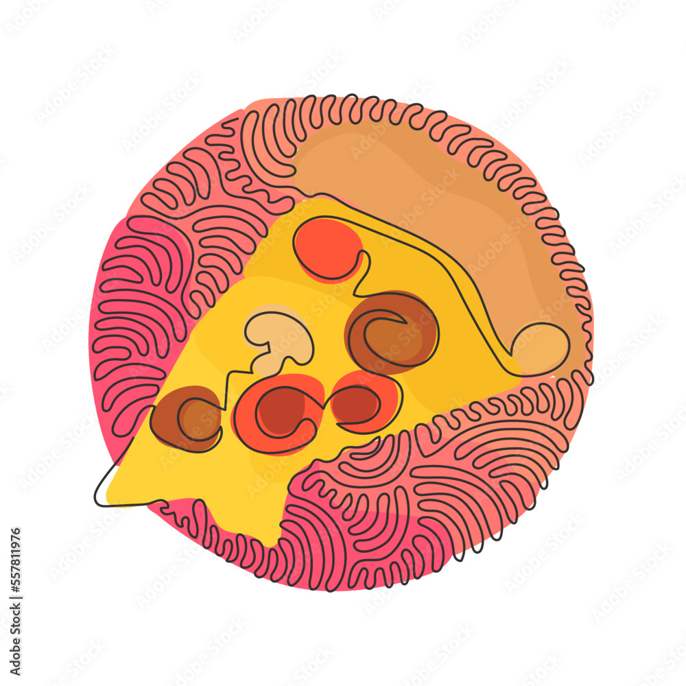 Single one line drawing slice of pizza with tomatoes, lettuce, sausage ...
