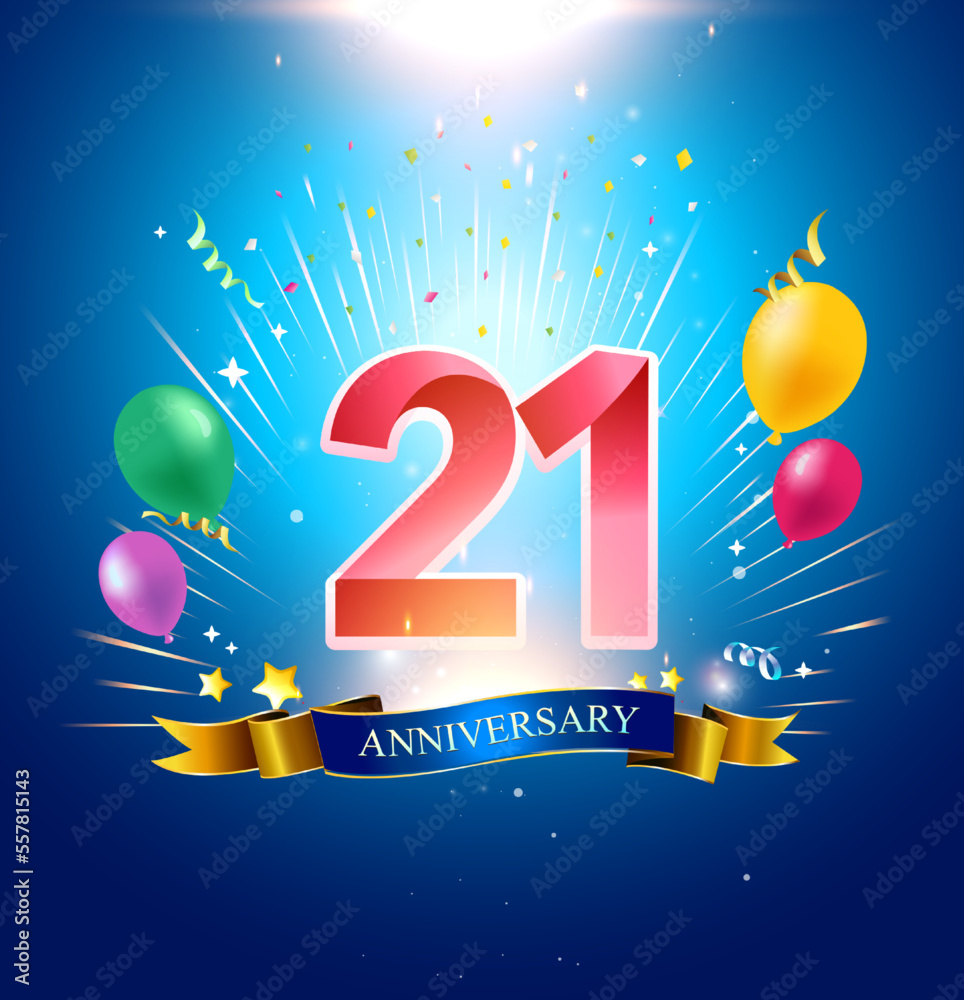 21st Anniversary with balloon, confetti, and blue background Stock ...