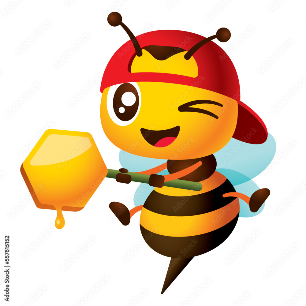 Cartoon cute winking eye bee wearing red snapback cap with hand holding ...