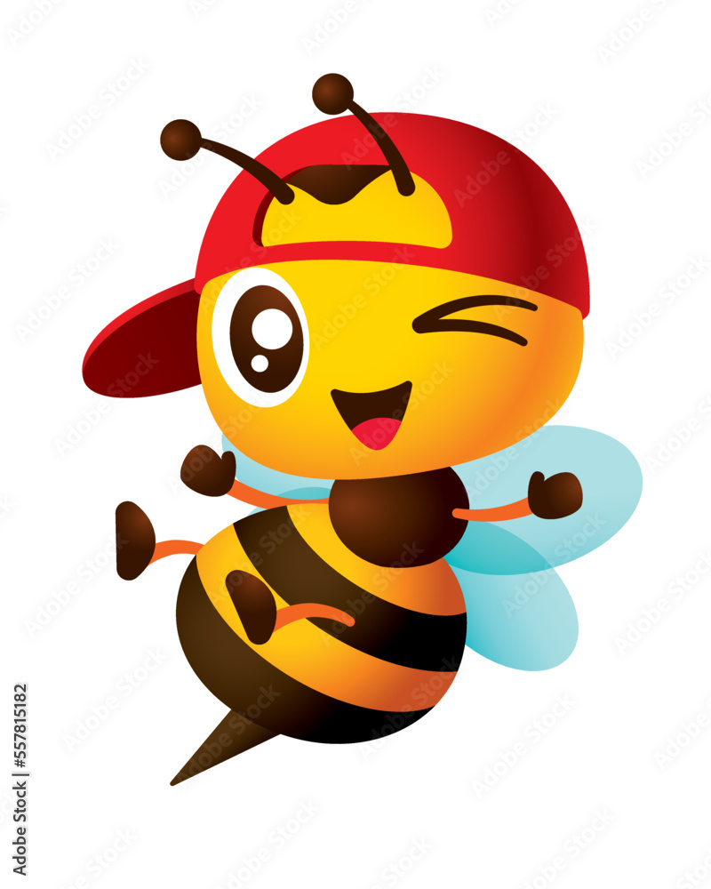 Cartoon cute bee wearing red snapback cap with open hands and legs ...