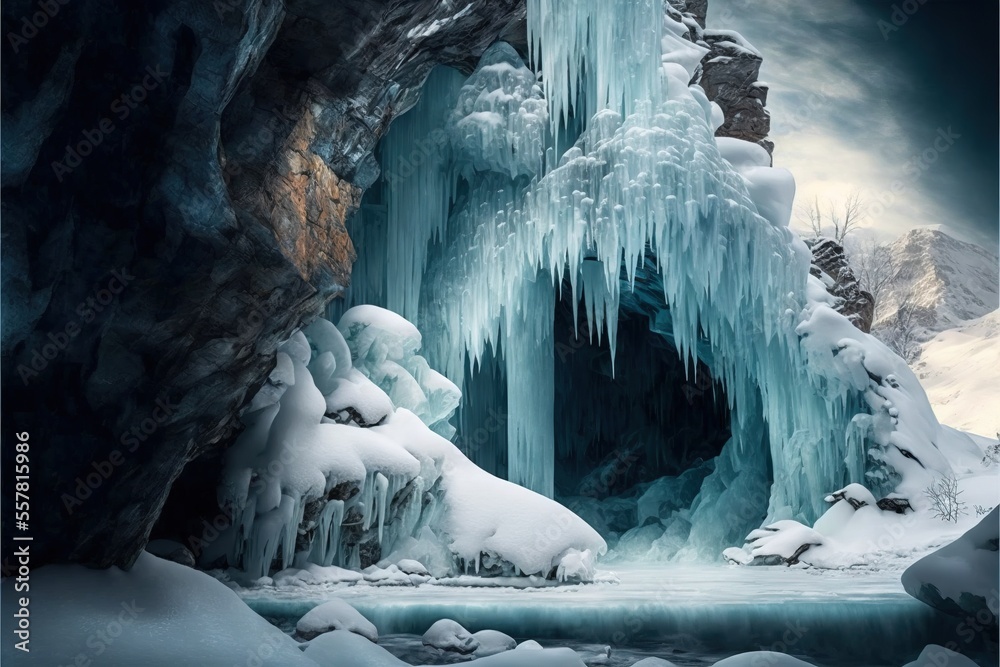 a frozen cave with a frozen waterfall and a waterfall in the middle of ...