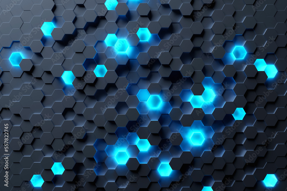 Abstract hexagonal background with depth of field effect, 3d illustration. A large number of ...