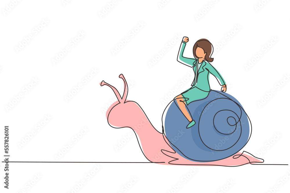 Single one line drawing businesswoman rides snail. Weak competitor ...