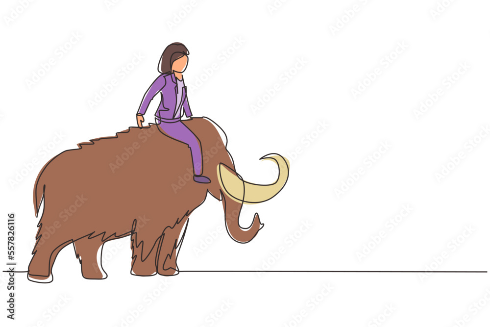 Continuous one line drawing businesswoman riding huge dangerous mammoth ...